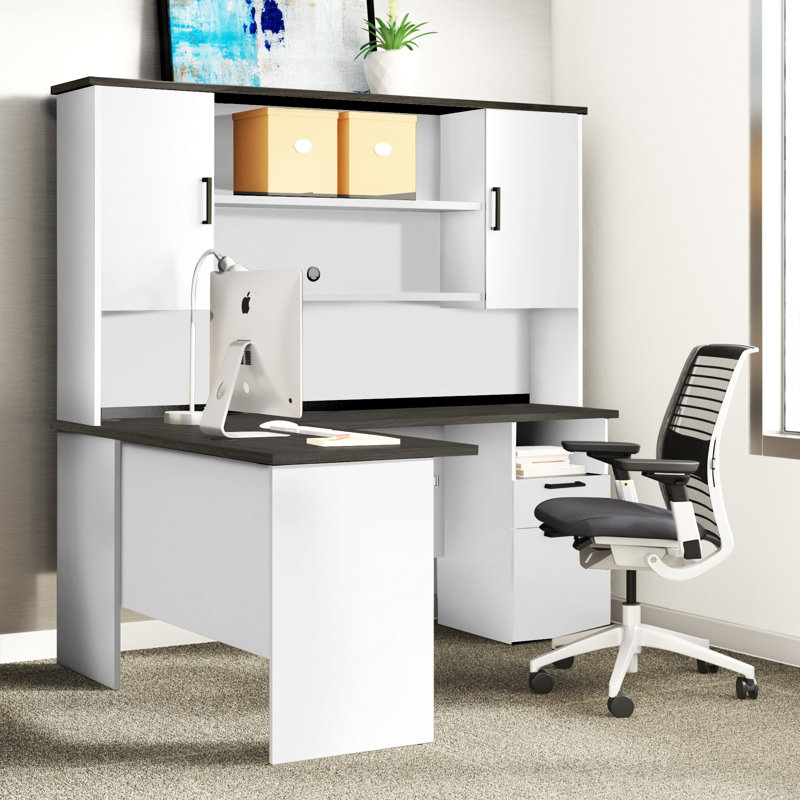 Ayaaz L Shaped Executive Desk Wade Logan Color Walnut Gray White